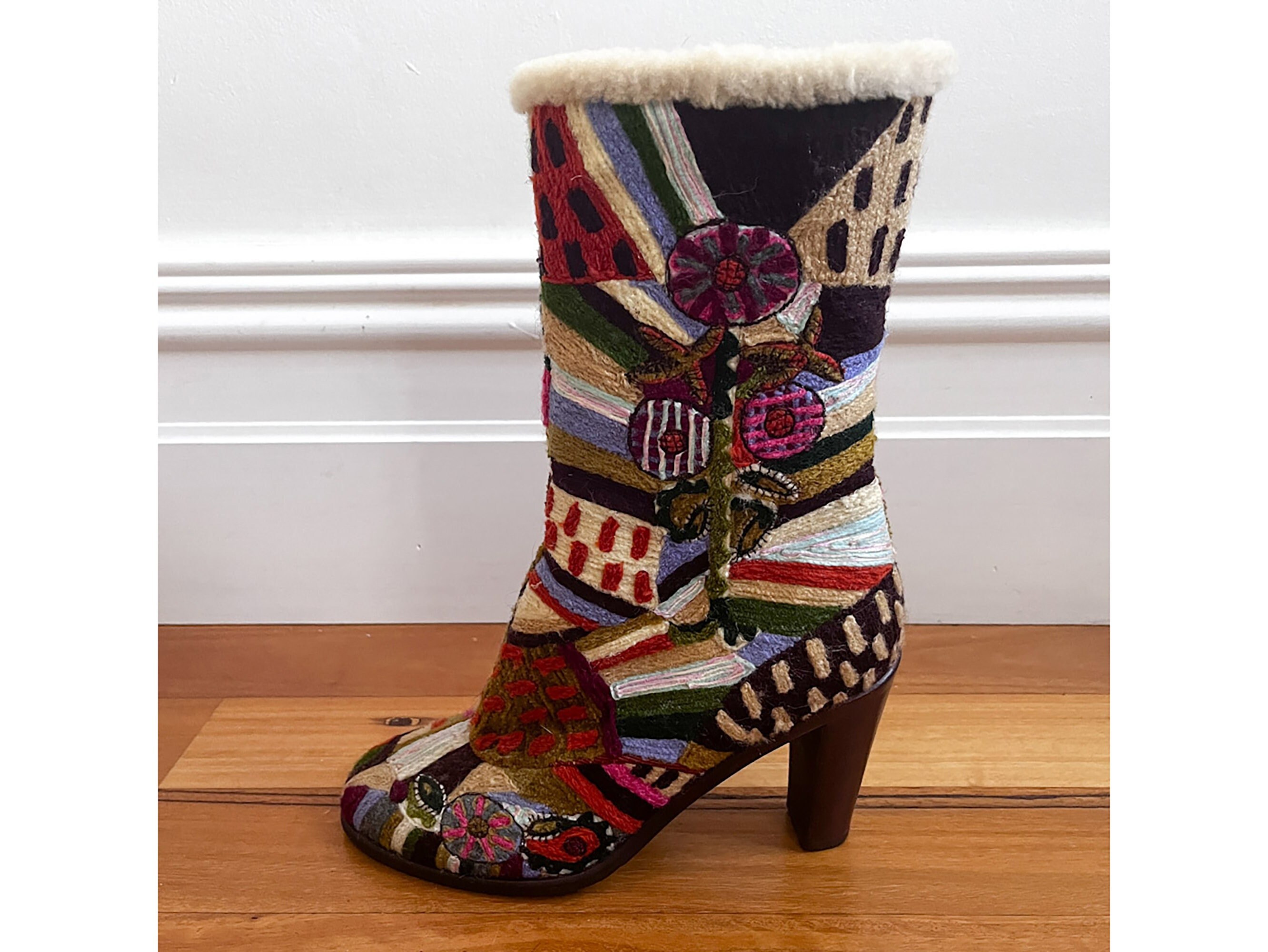 Vintage Anna Sui Embroidered Multicoloured Wool & Shearling Boots ...