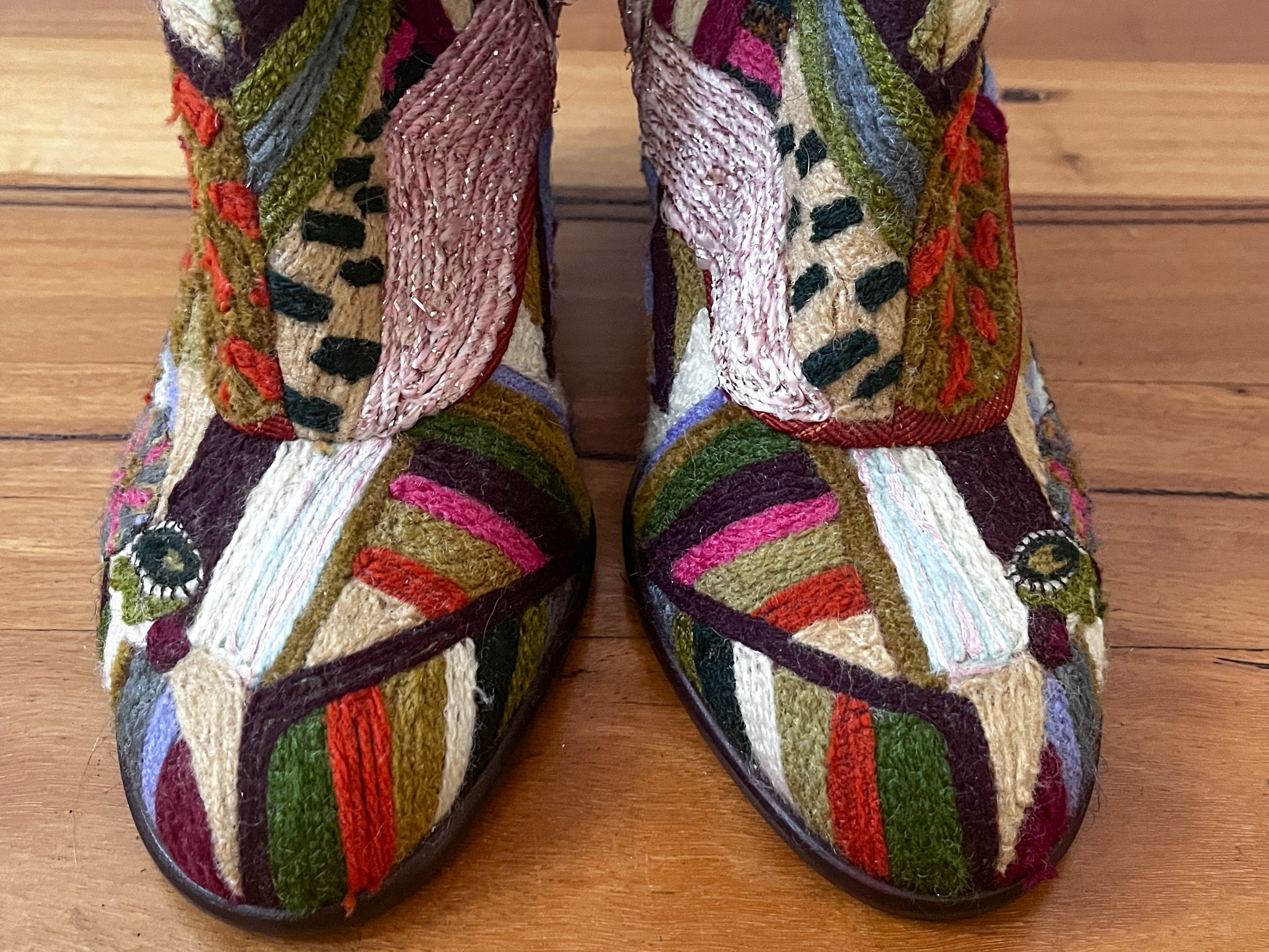 Vintage Anna Sui Embroidered Multicoloured Wool & Shearling Boots ...