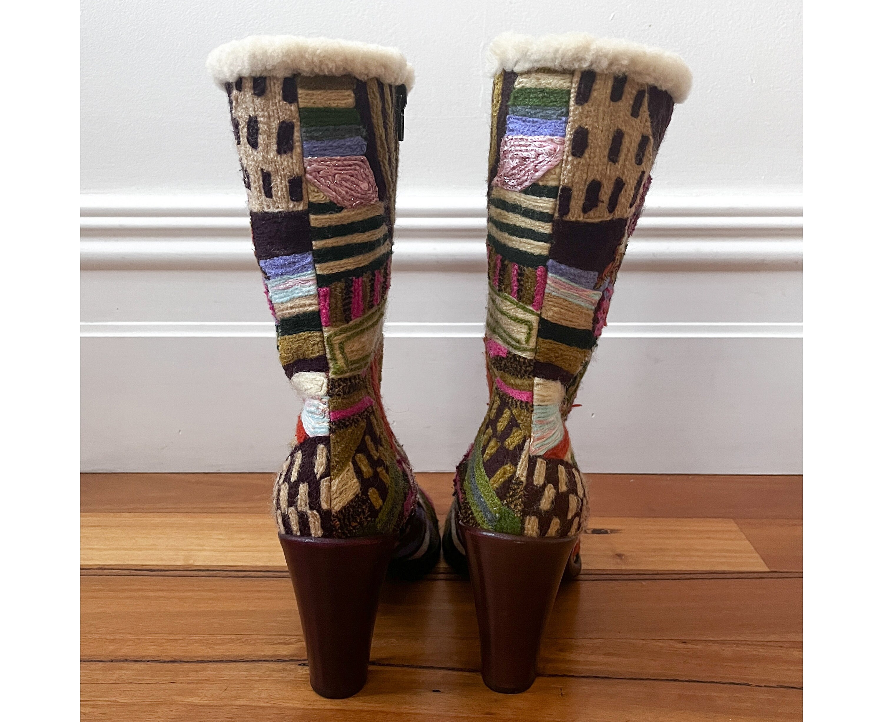 Vintage Anna Sui Embroidered Multicoloured Wool & Shearling Boots ...