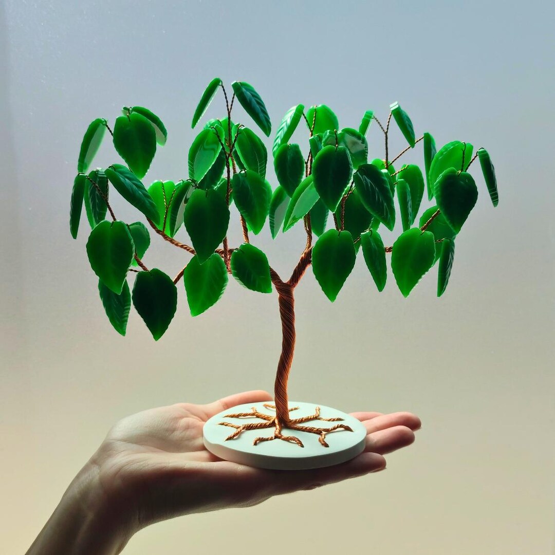 Handmade Green Resin Leaf Tree Copper Wire Sculpture With Marble Base ...