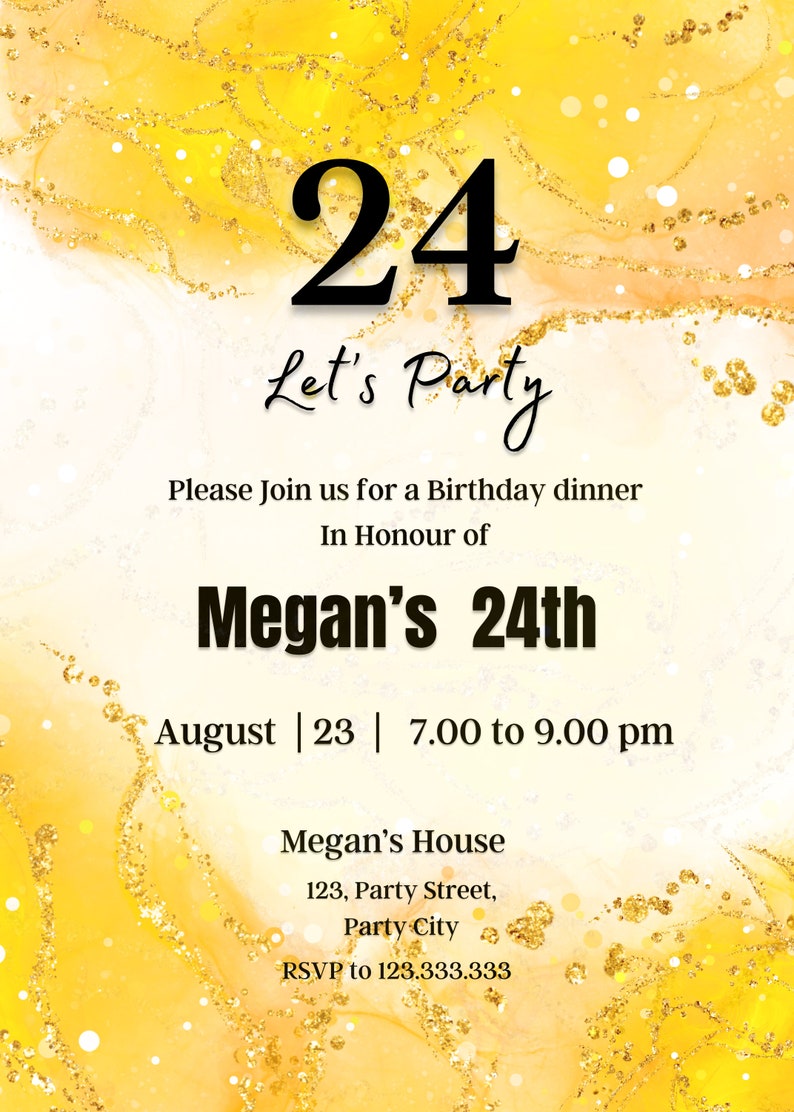 Yellow Birthday Invitation, Let's Party, Yellow Gold Agate Birthday ...