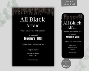 Editable All Black Affair Invitation, All Black Party Invitation, Black ...