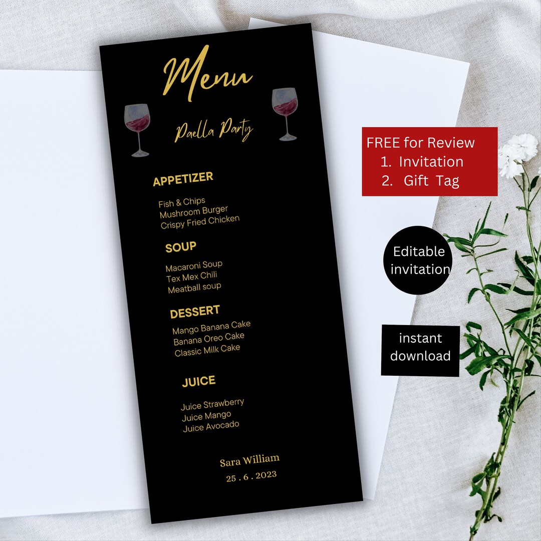 4x9 Menu Card Paella Party Invite Menu Card ,invitation,gift Tag ...