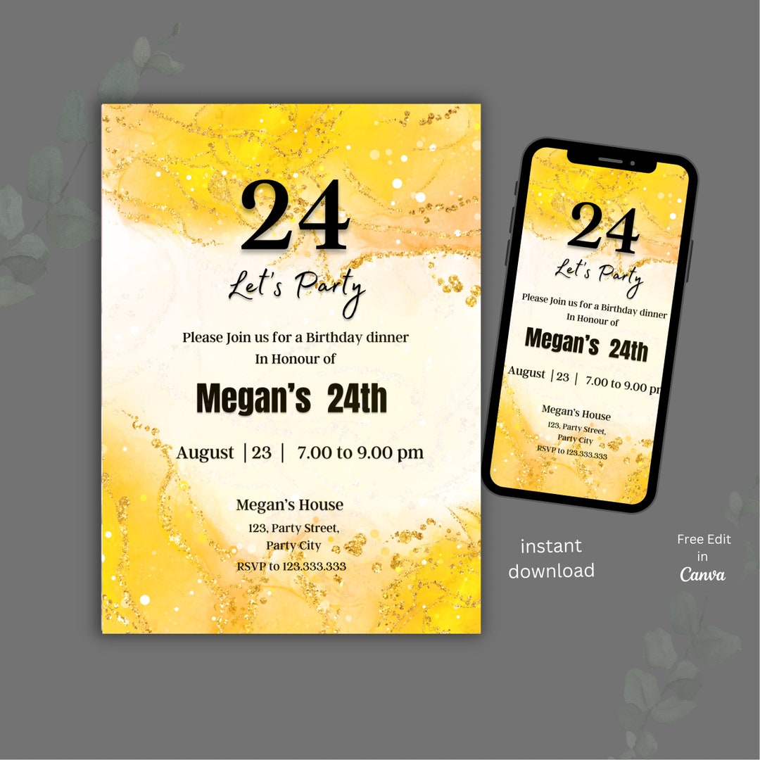 Yellow Birthday Invitation, Let's Party, Yellow Gold Agate Birthday ...