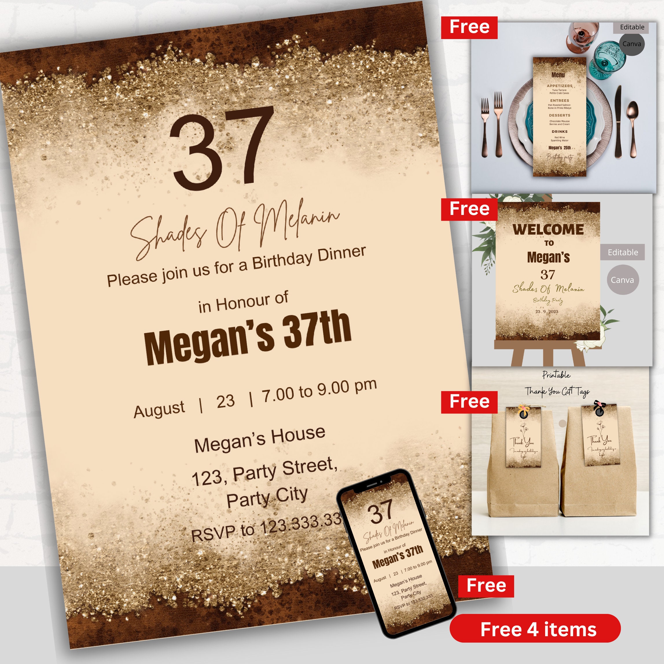 Editable Shades of Melanin Birthday Dinner Invitation, Shades of Brown ...