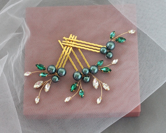 Emerald Green and Gold Hair Comb Set for Bride/ Bridal Hair - Etsy
