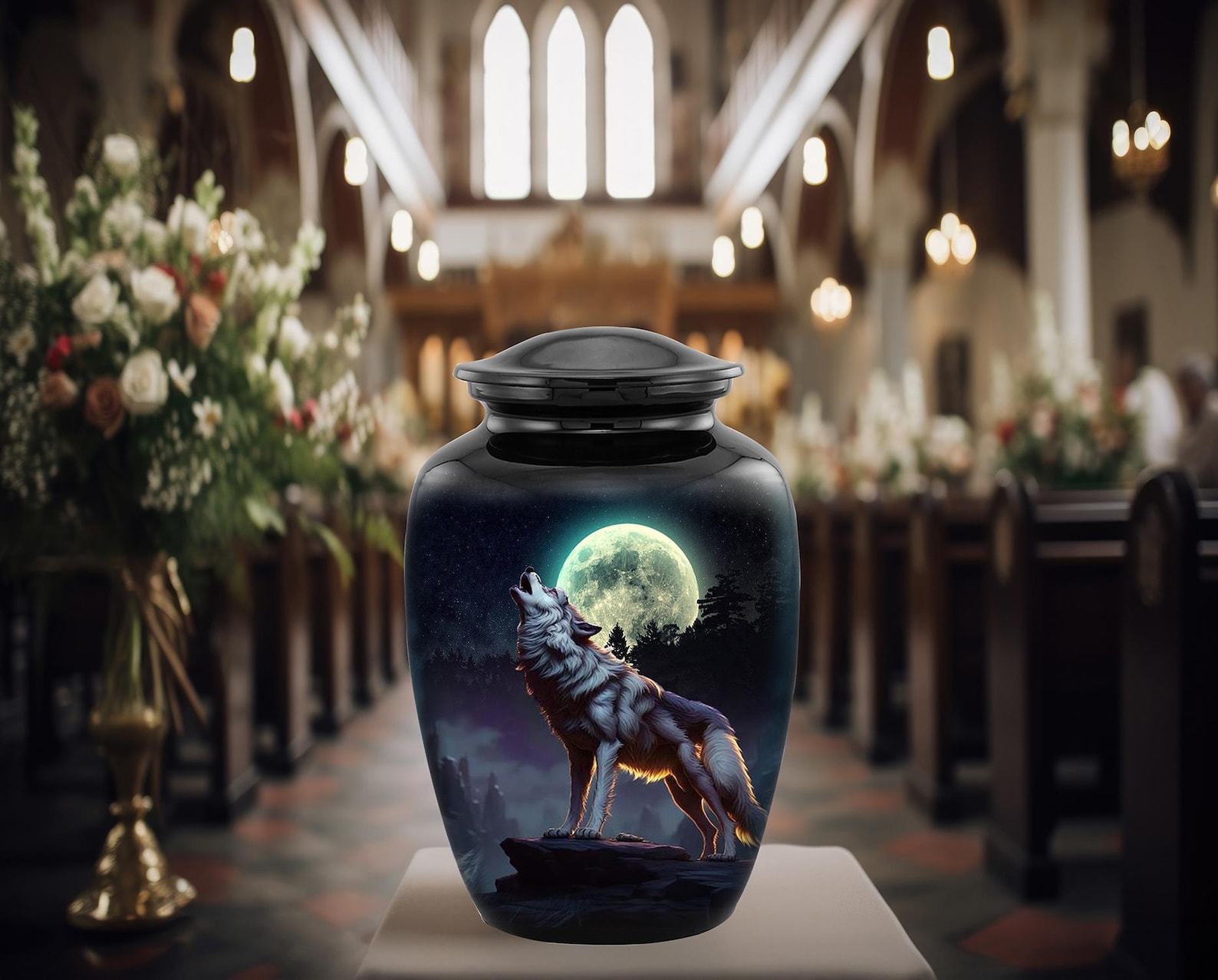 Wolf Urn - Midnight Wolf Urn - Wolf Howling at the Moon Adult Urn ...