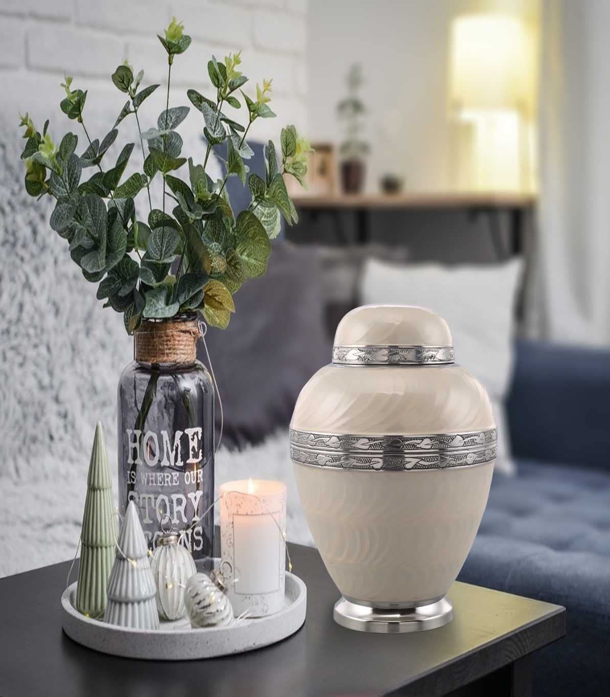 Serenity White Urn Pearl White Urn With Silver Band Funeral and ...