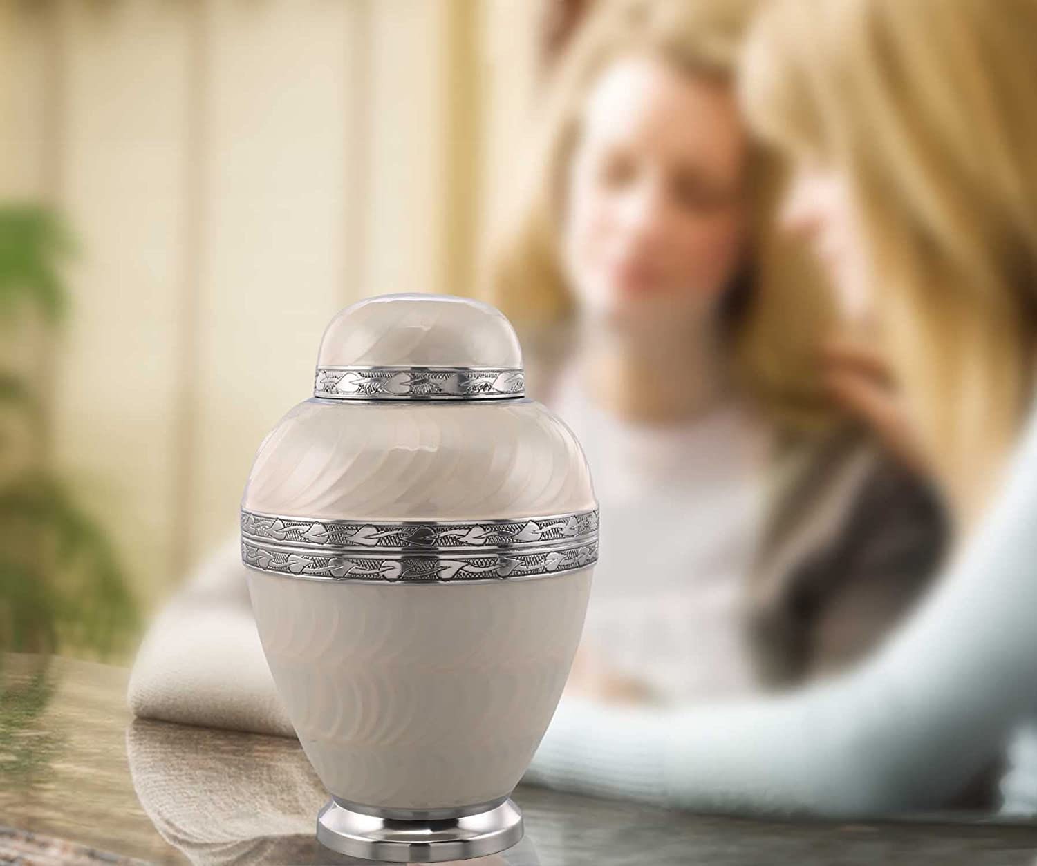 Serenity White Urn Pearl White Urn With Silver Band Funeral and Memorial Cremation Urns for ...