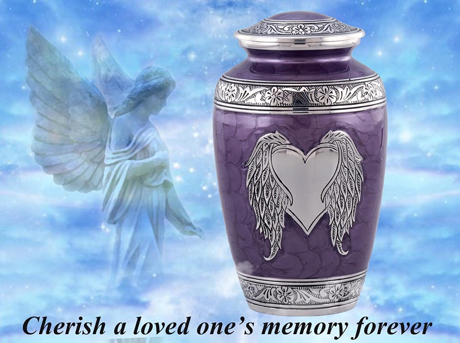 Loving Angel Wings Urn - Purple Angel Wings & Heart Urn - Funeral and ...