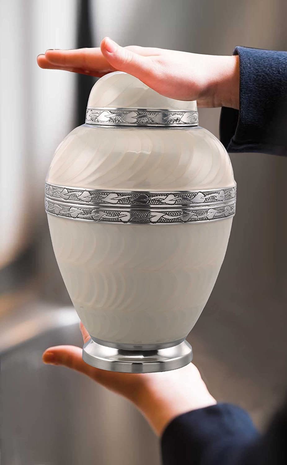 Serenity White Urn Pearl White Urn With Silver Band Funeral and ...