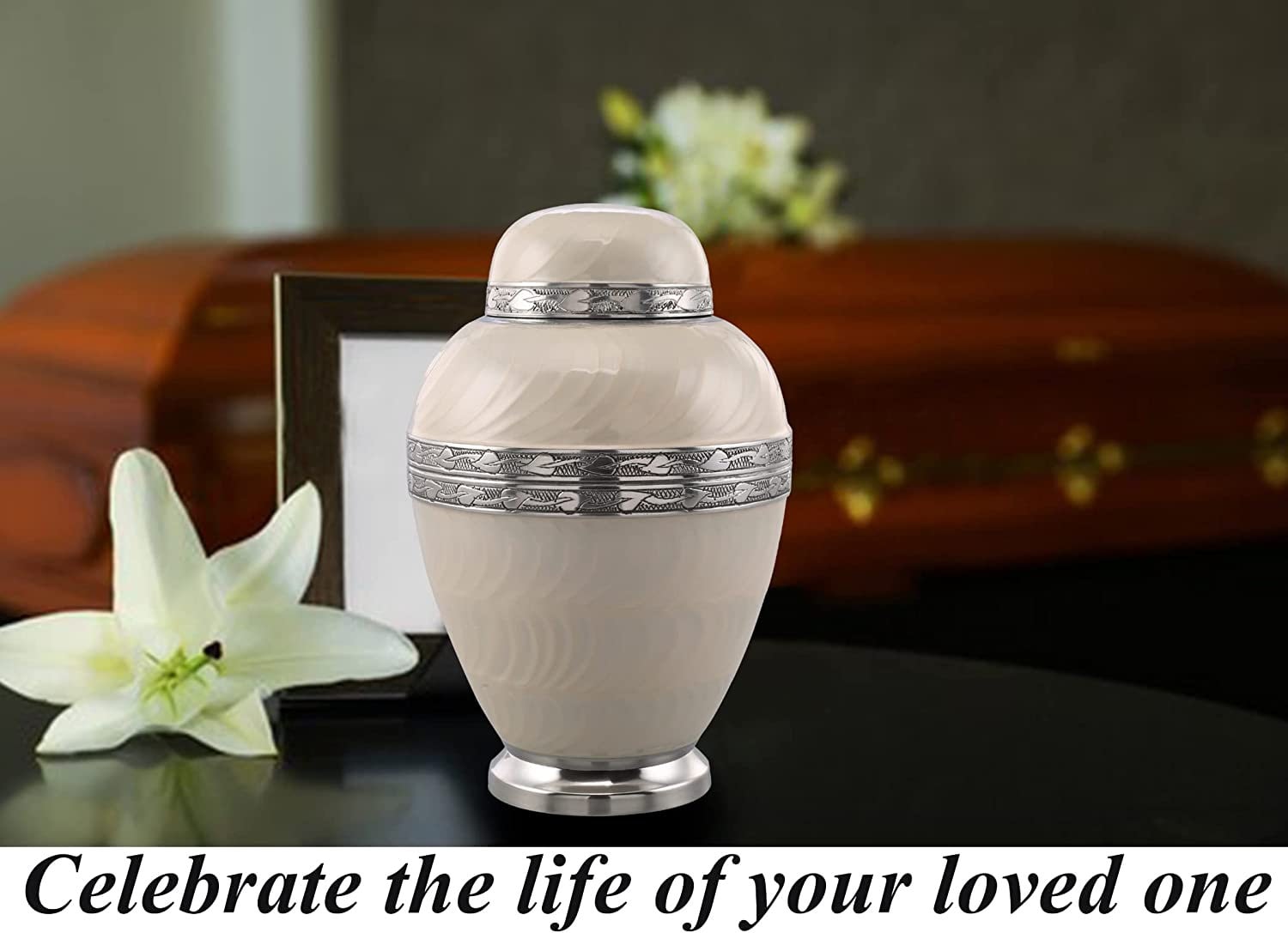 Serenity White Urn - Pearl White Urn With Silver Band - Funeral and ...