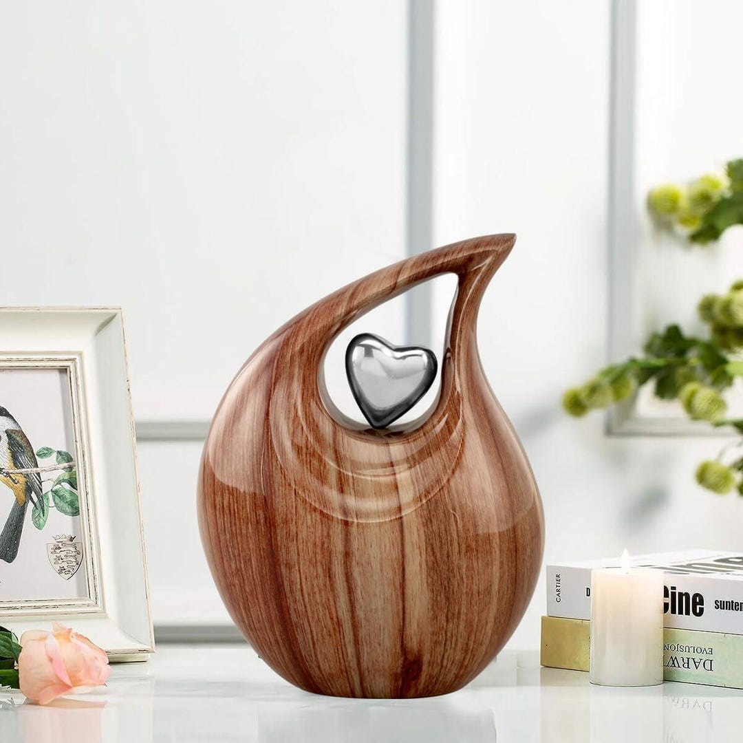 Wood Grain Finish Teardrop Urn - Solid Metal Teardrop Cremation Urn ...