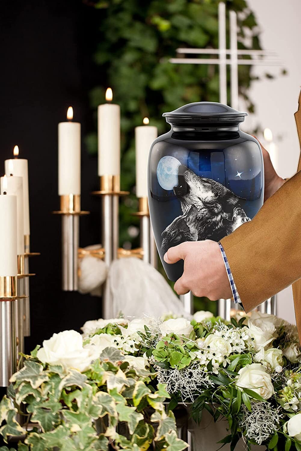 Wolves Cremation Urn - Adult Midnight 3 Wolves Urn - Funeral and ...