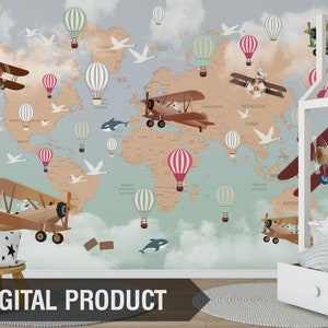 Kids Room Airplane World Map Wallpaper Mural (digital Download) - Etsy