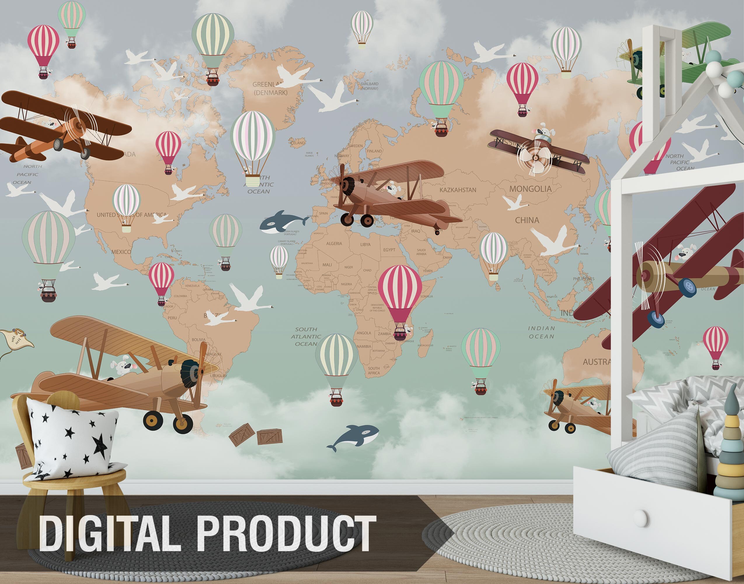 Printable Wallpaper, Kids Room Art, Digital Download Wallpaper, High ...