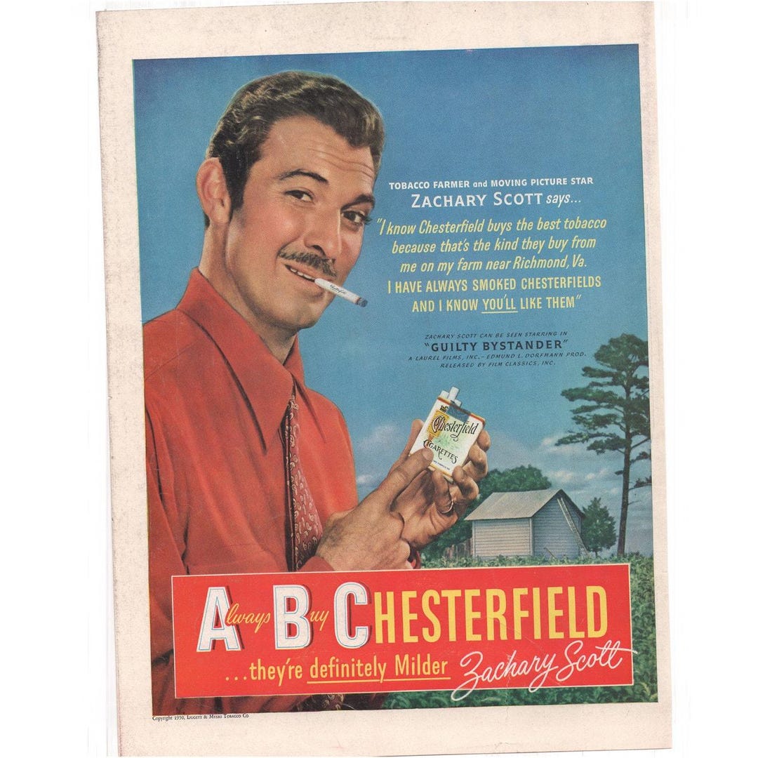 Chesterfield Cigarette Zachary Scott Magazine Advertisement 1950 Vtg ...