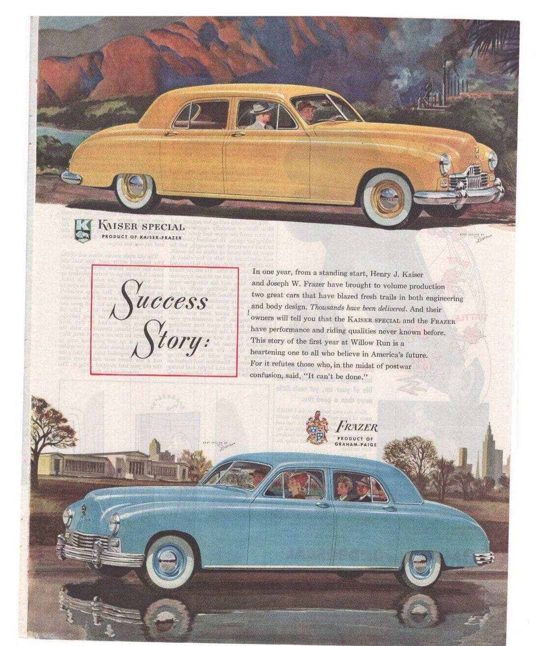 Vintage Original Kaiser Fraser Car Magazine Advertisement 1947 Color ...
