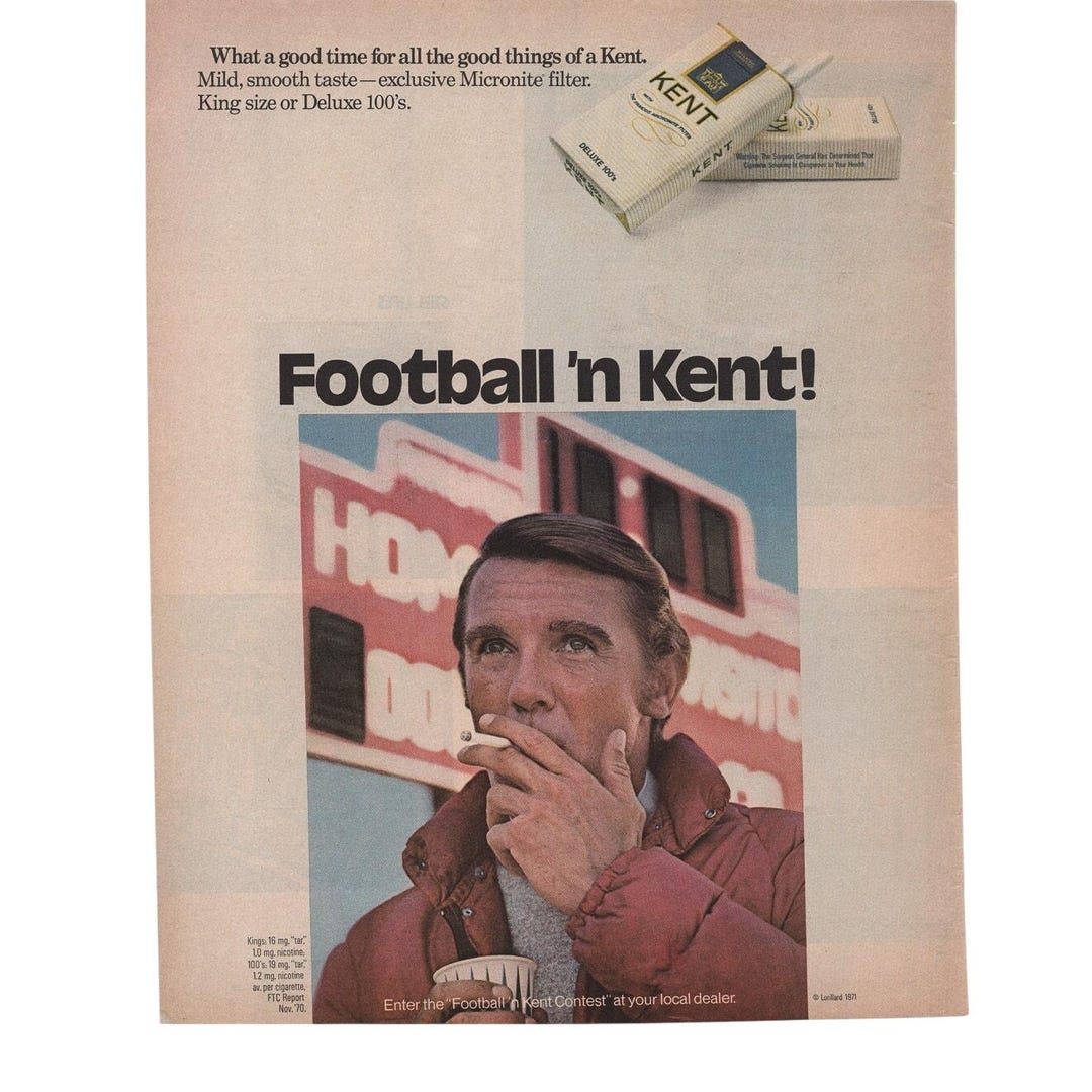 Kent Cigarette Advertisement 1971 Vintage Tobacciana Football N Kent ...