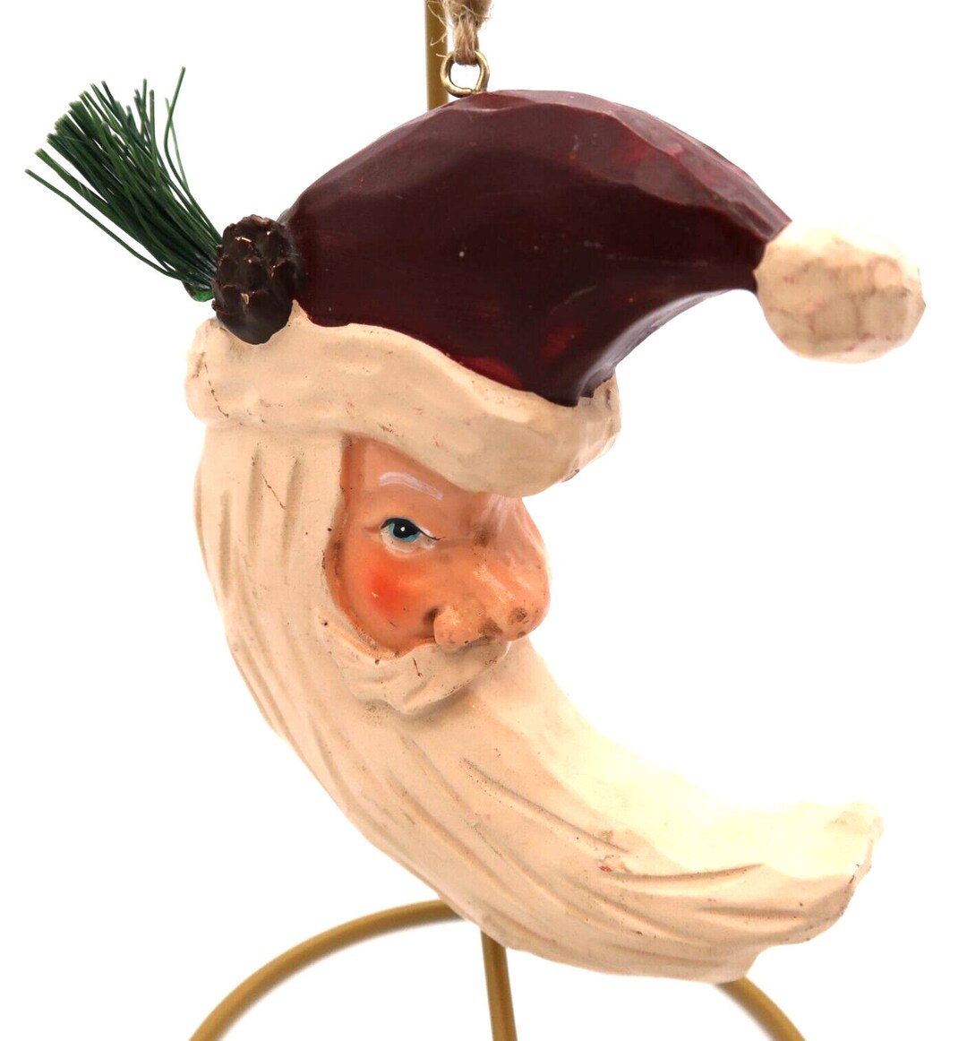 Carved Faux Wood Crescent Moon Santa Ornament Resin Vintage Holiday ...