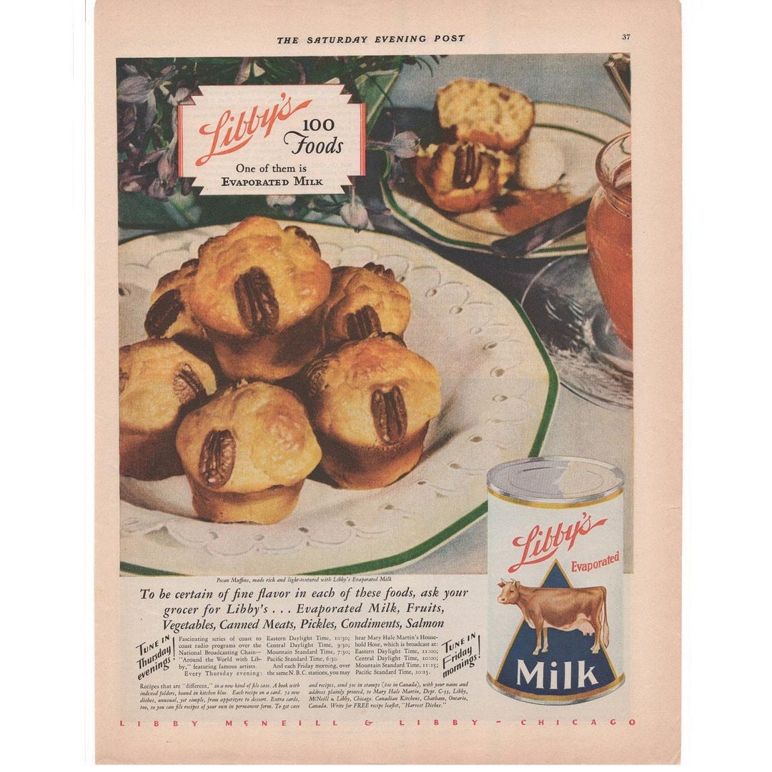 Libbys Evaporated Milk Advertisement Vintage 1929 Baking Muffins Pecan ...