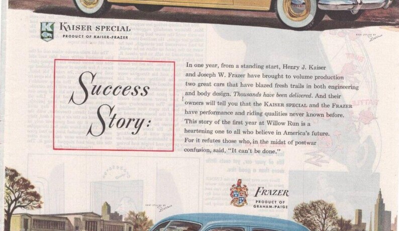 Vintage Original Kaiser Fraser Car Magazine Advertisement 1947 Color ...