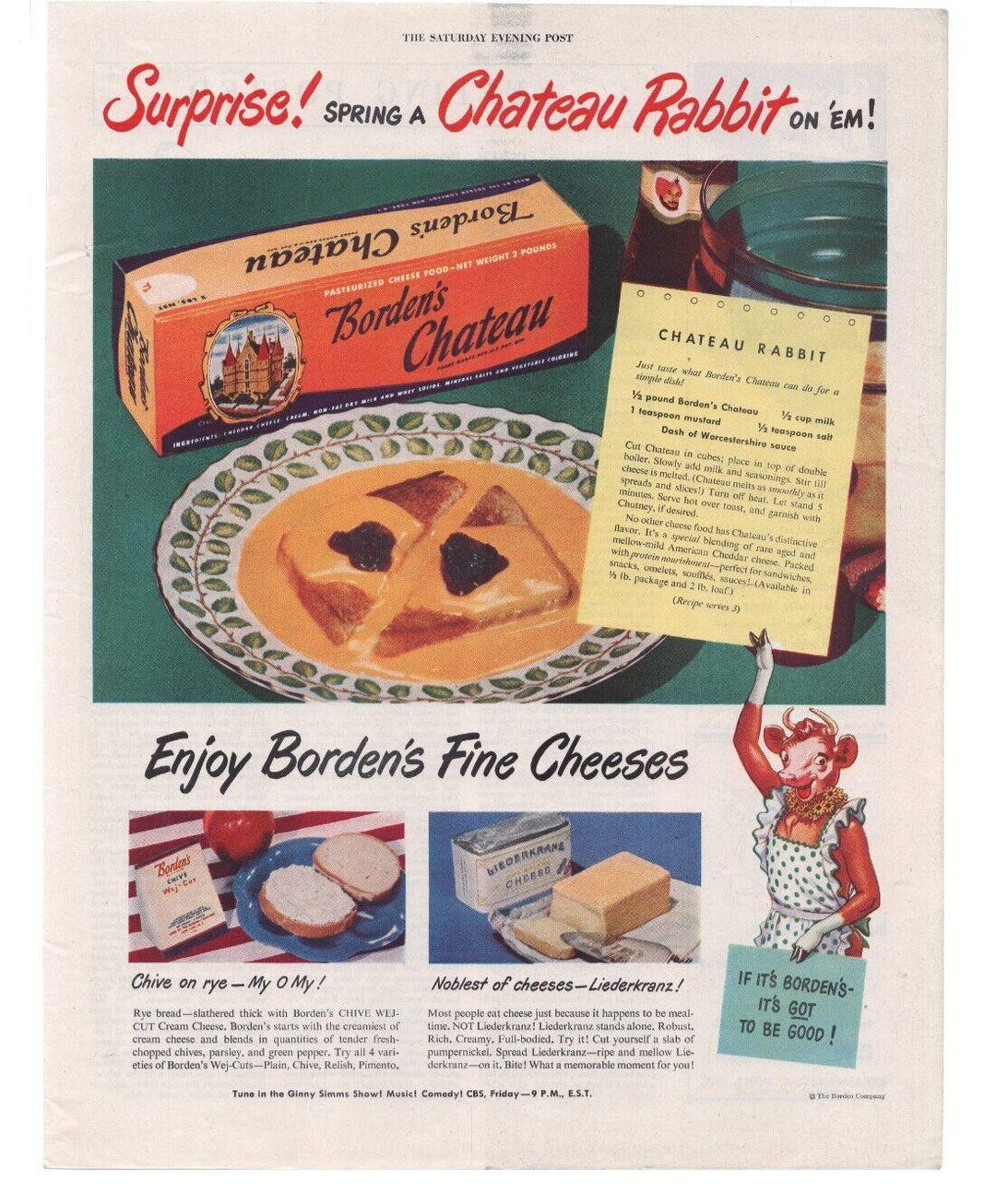 Vintage Original Bordens Cheese Magazine Advertisement 1950s Recipe ...
