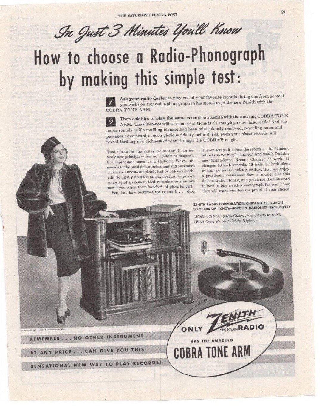 Vintage Original Zenith Radio Phonograph Magazine Advertisement B&W ...