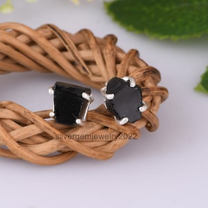 Black Obsidian Stud Earrings - 925 Sterling Silver Earrings - Raw Black ...