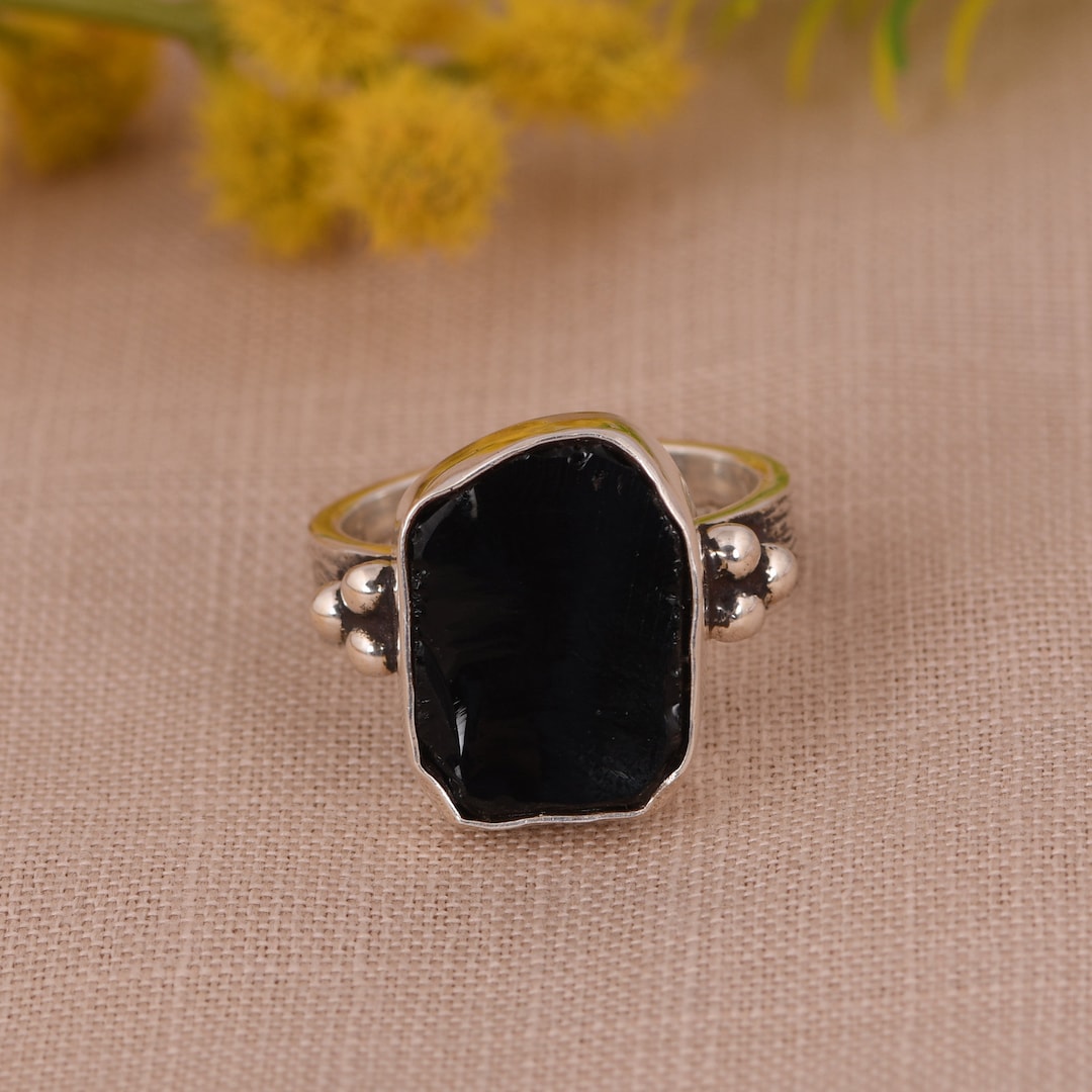 Art Deco Black Obsidian Ring - 925 Solid Silver Ring - Raw Gemstone ...