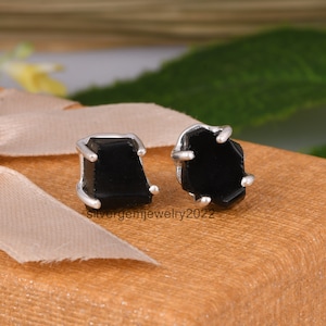 Black Obsidian Stud Earrings - 925 Sterling Silver Earrings - Raw Black ...