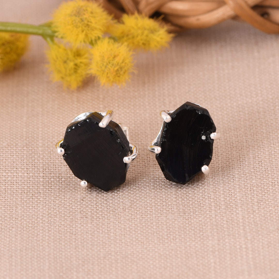 Black Obsidian Stud Earrings 925 Sterling Silver Earrings Raw Black ...