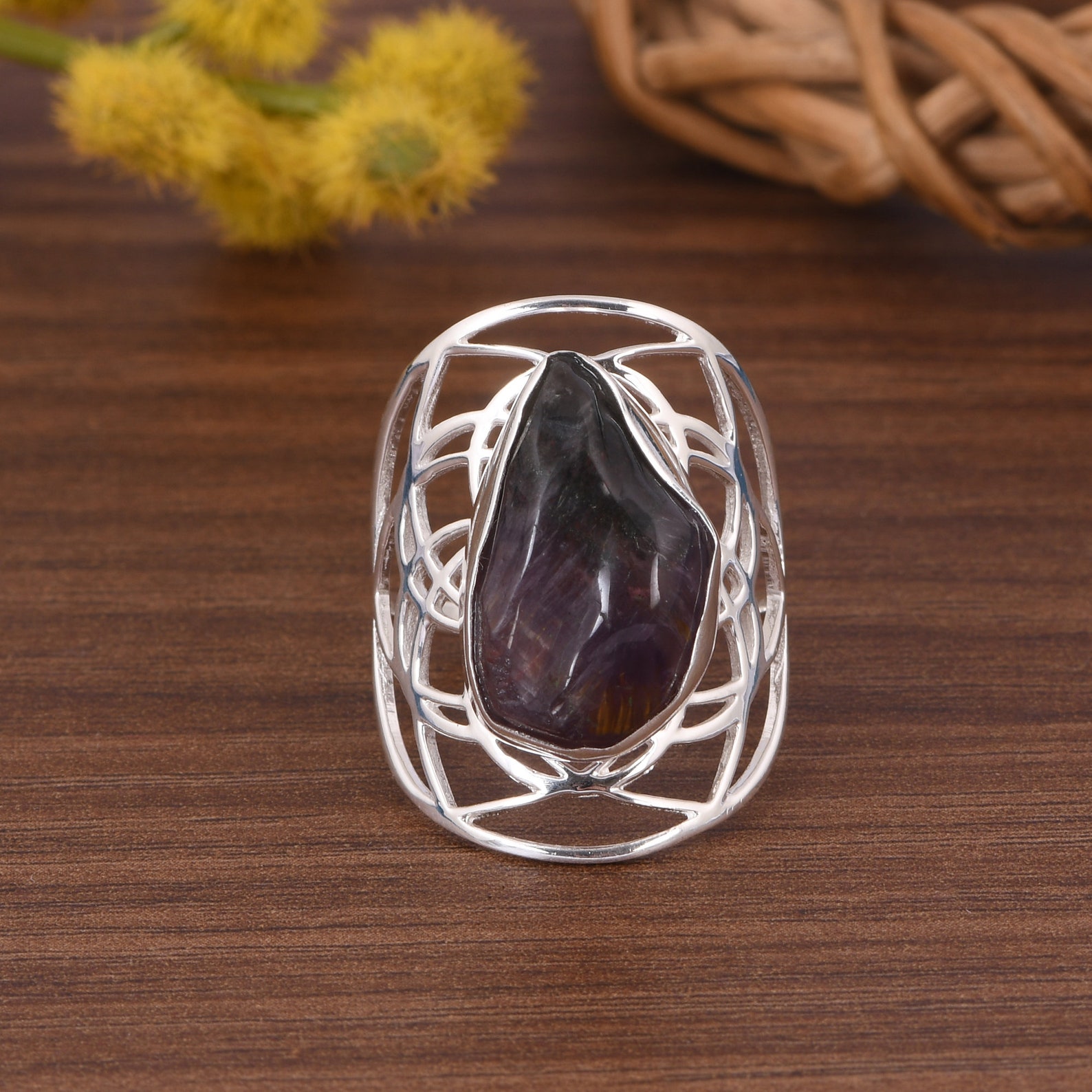 Genuine Rough Super Seven Faceted Crystal Ring / 925 Silver Leaf Ring ...