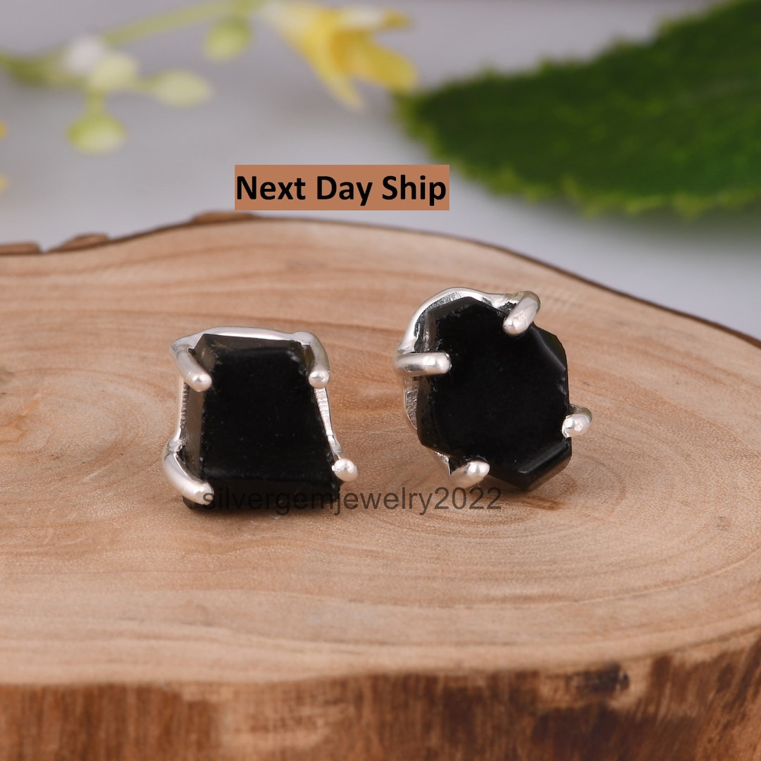 Black Obsidian Stud Earrings 925 Sterling Silver Earrings - Etsy