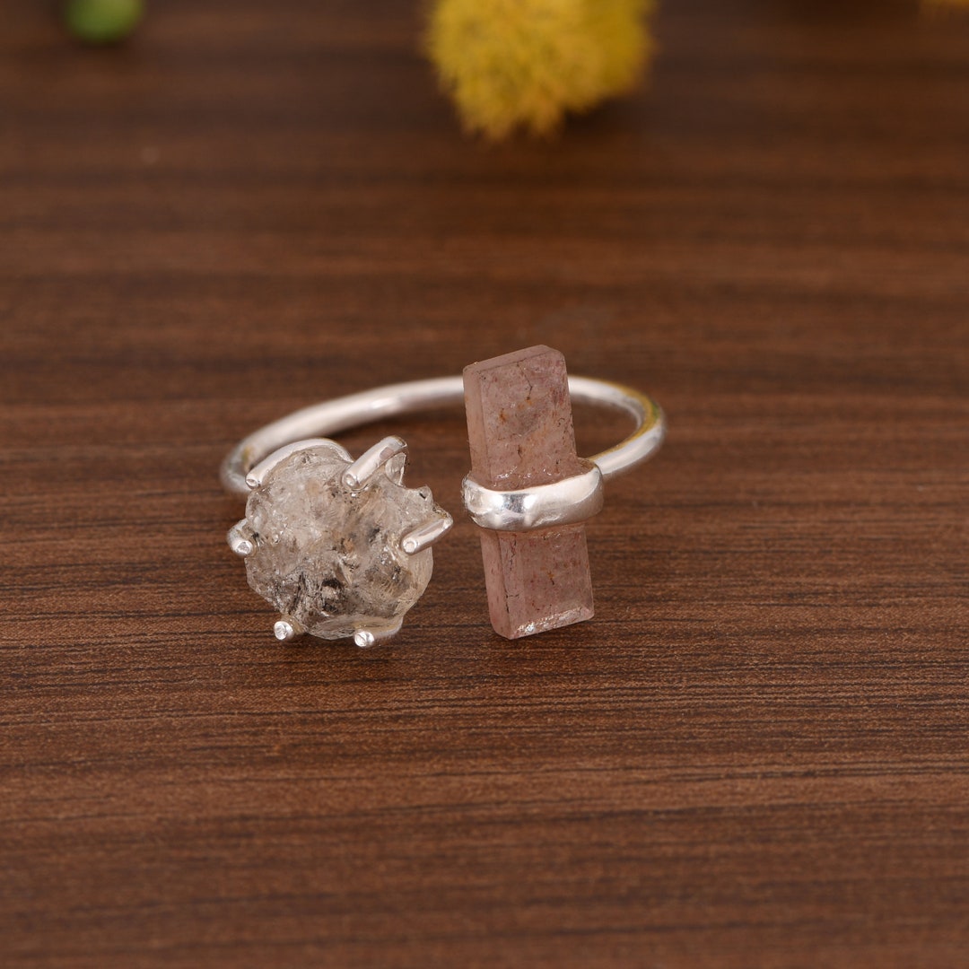 Unshape Herkimer Diamond & Strawberry Quartz Ring , 925 Sterling Silver ...
