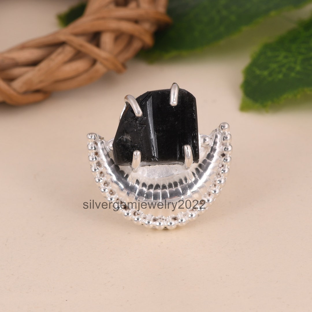 Black Obsidian Half Moon Ring / Elegant Gemstone Ring / Handmade Raw ...