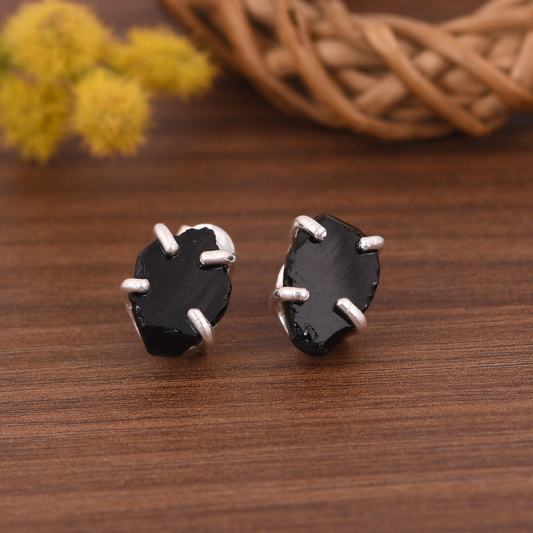 Black Obsidian Stud Earrings / 925 Sterling Silver Earrings / Handmade ...