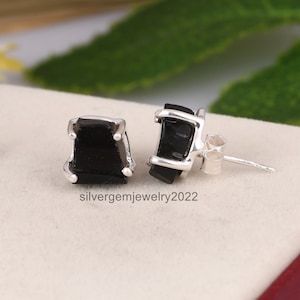 Black Obsidian Stud Earrings - 925 Sterling Silver Earrings - Raw Black ...