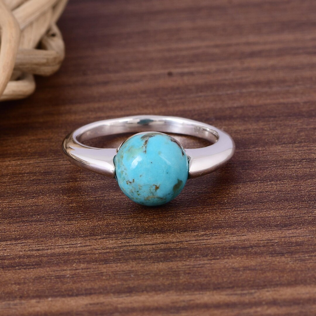 Natural Turquoise Round Stone Ring / 925 Sterling Silver Ring ...