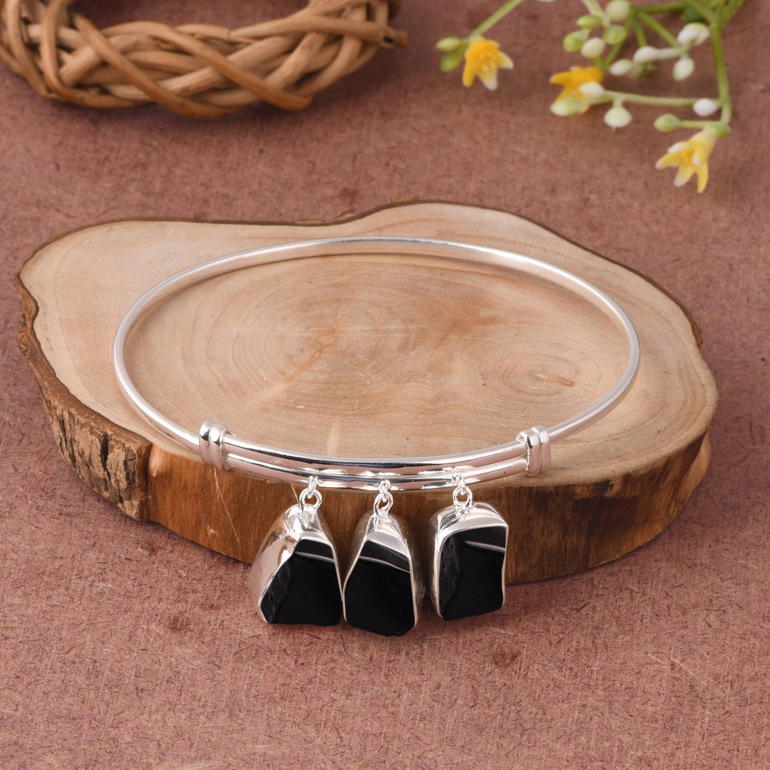 Black Obsidian Adjustable Bangle/ 925 Sterling Silver Bangle/ Raw ...