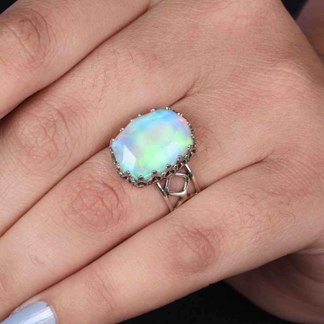 Antique Aurora Opal White Gemstone Ring , 925 Sterling Silver Square ...