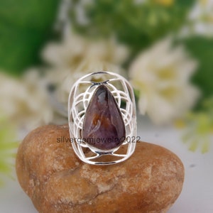 Genuine Rough Super Seven Faceted Crystal Ring / 925 Silver Leaf Ring ...