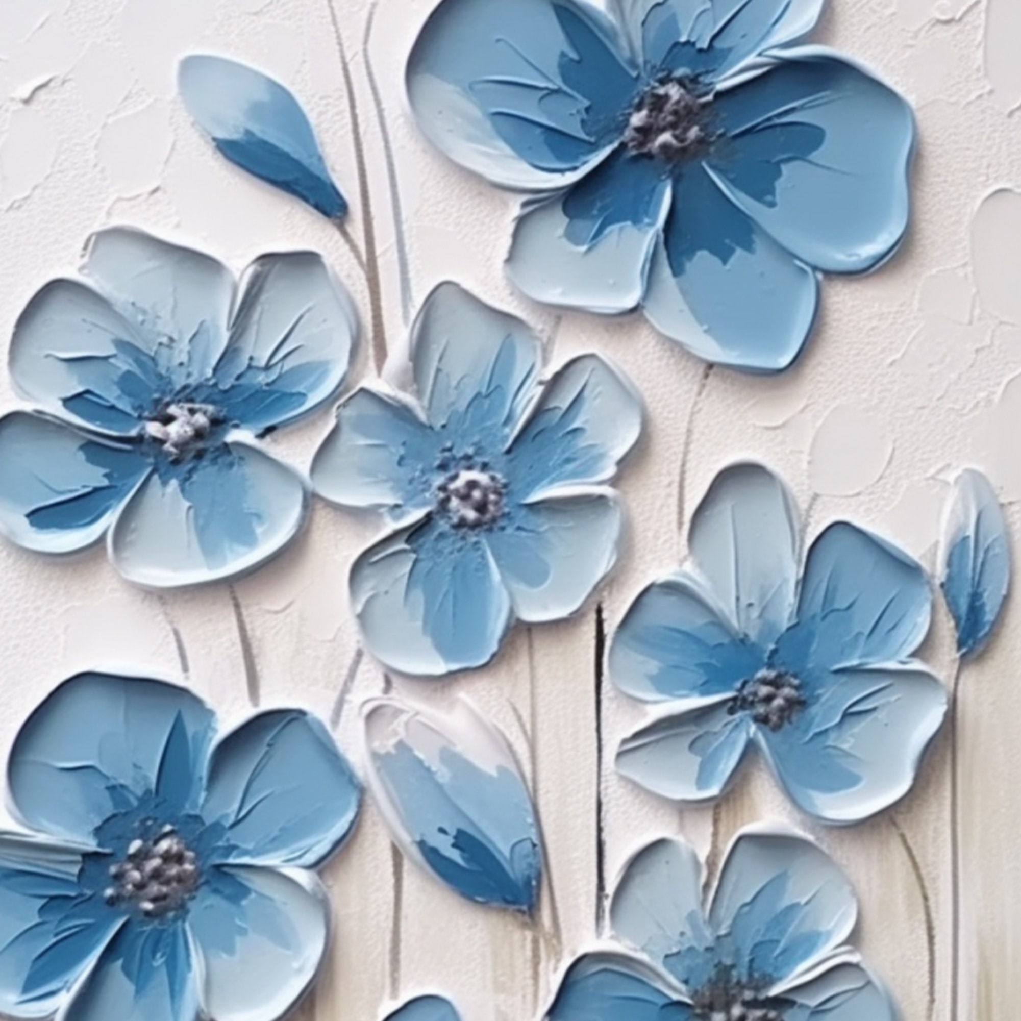 Original Blue Floral Oil Painting on Canvas, 3D Blue Flower Textured ...