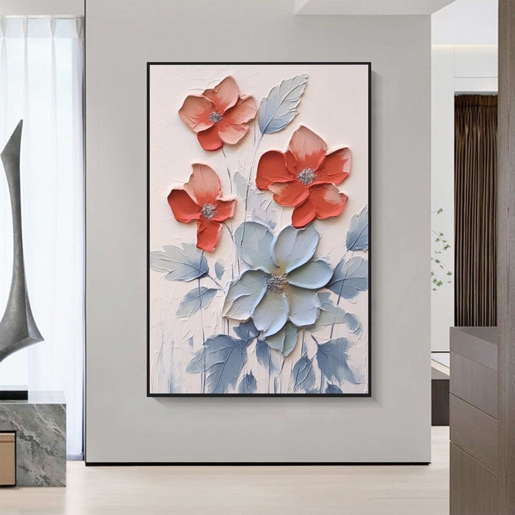 3D Original Blue and Red Flower Oil Painting,flower and Leaves Texture ...