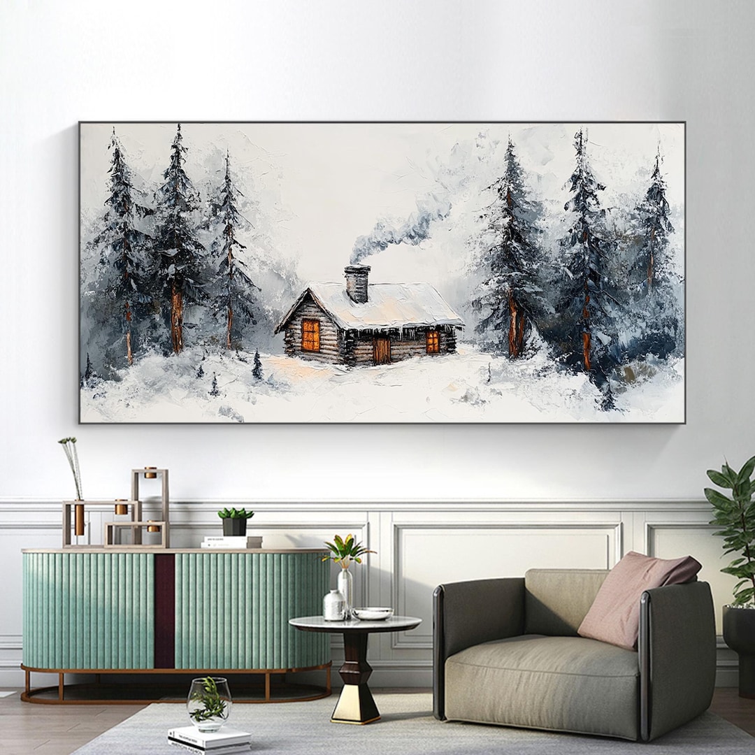 Large Winter Snow Scene Painting,winter Cabin Oil Painting,snowy ...