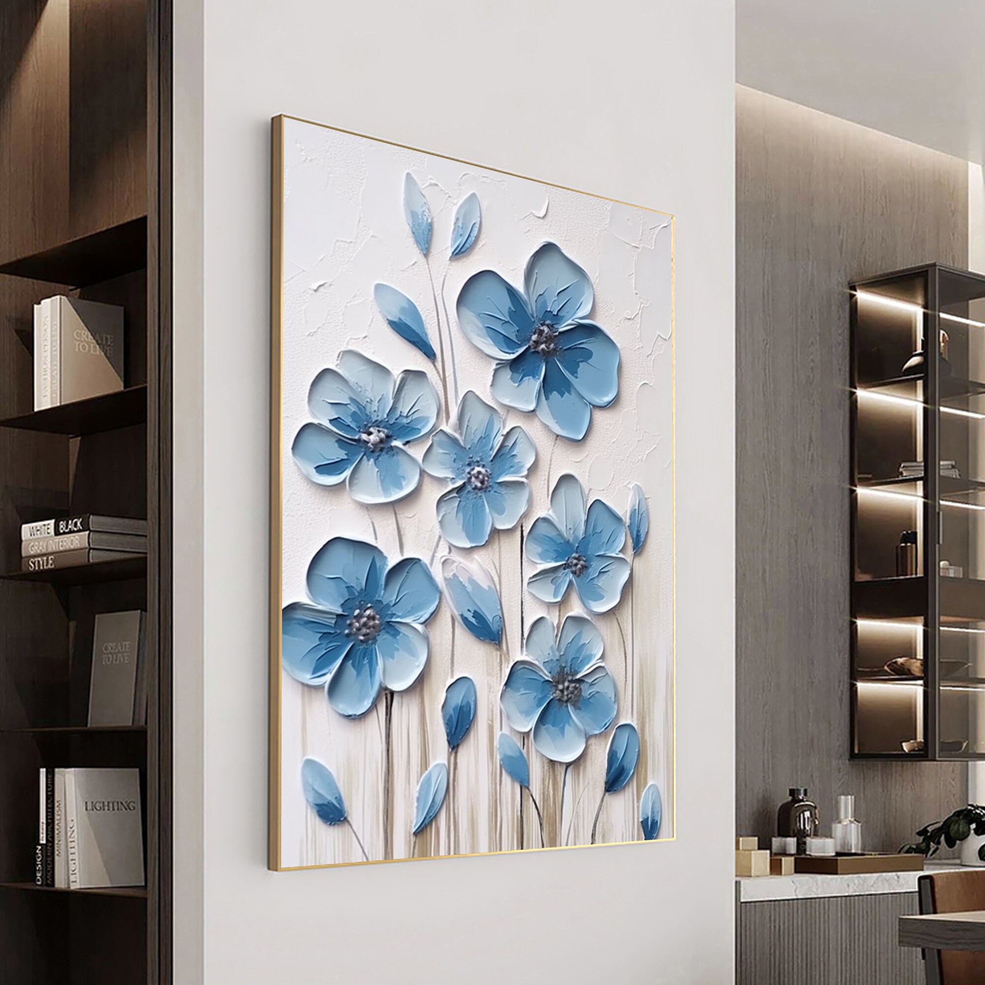 Original Blue Floral Oil Painting on Canvas, 3D Blue Flower Textured ...