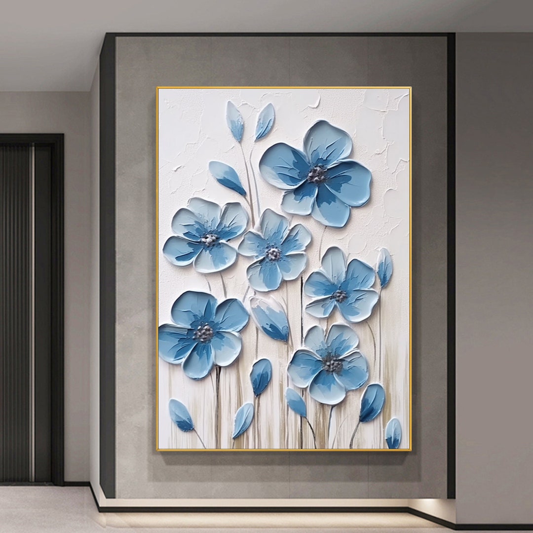 Original Blue Floral Oil Painting on Canvas, 3D Blue Flower Textured ...