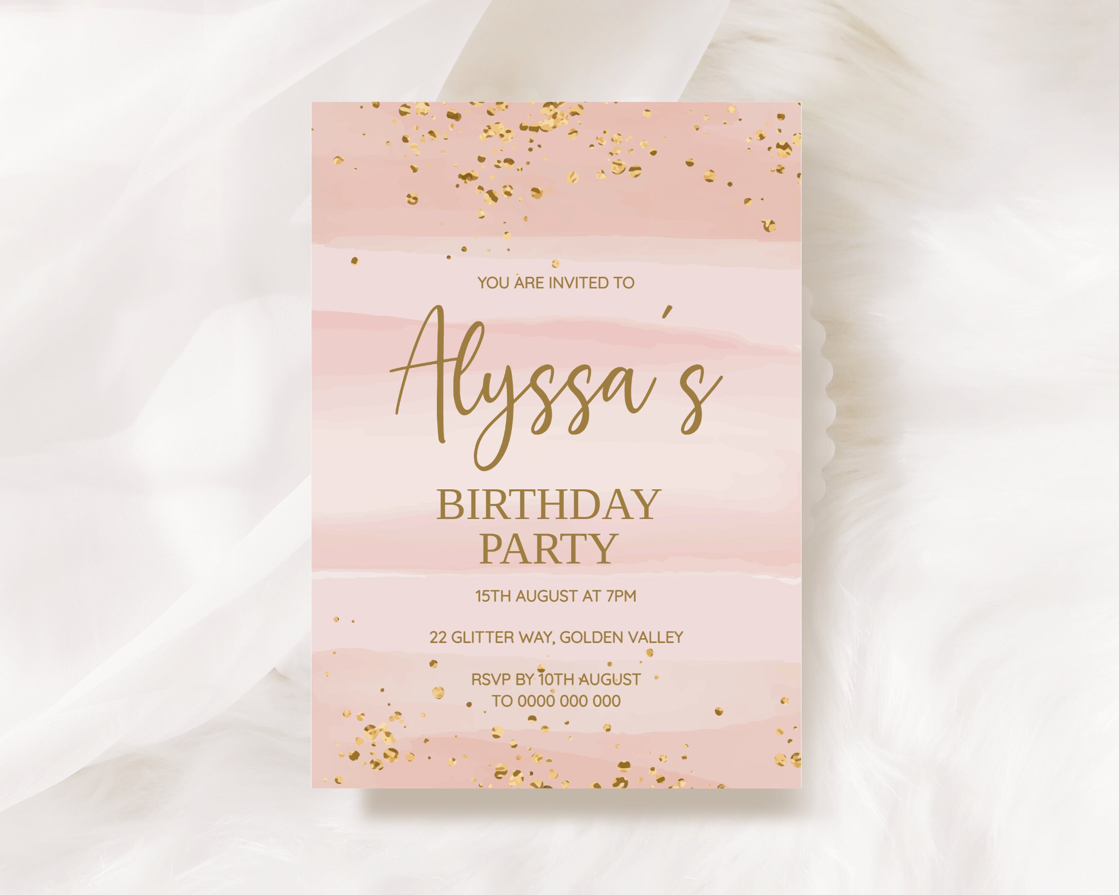 Pink and Gold Birthday Invitation, Digital Party Invite, Digital ...