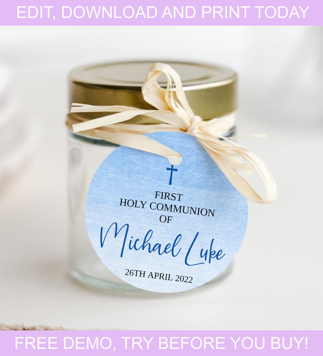 Holy Communion Favor Tag Template, Blue Watercolour Communion Tag for ...