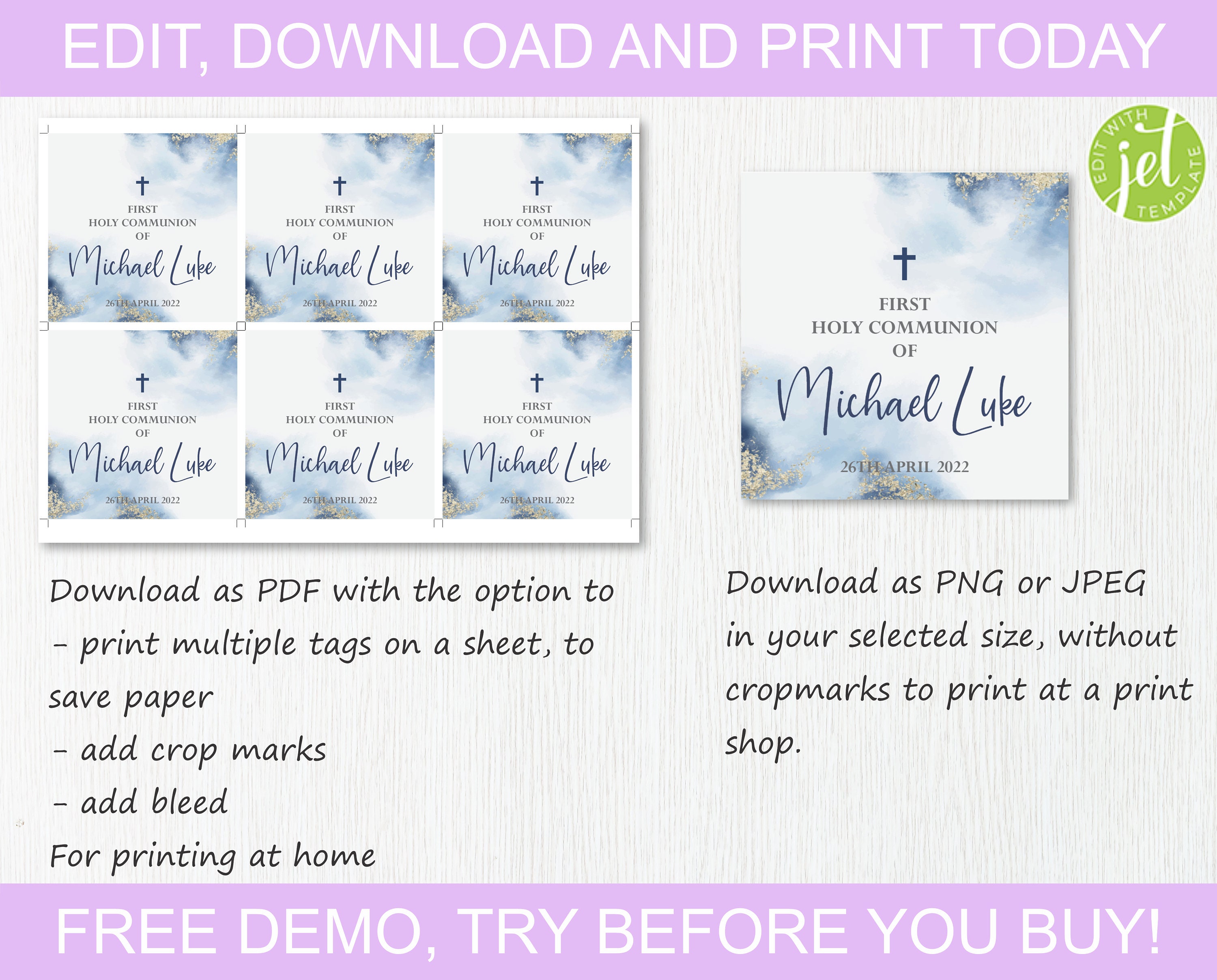 Holy Communion Favor Tag Template, Blue and White Communion Tag for Boy ...